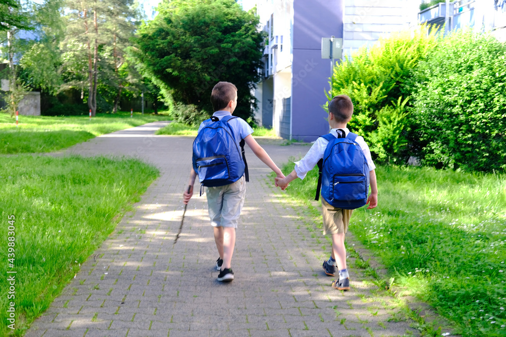 two boys, ,primary school students, children with blue school bags together go to school ...