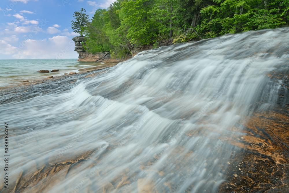 Spring landscape of Chapel Beach, Waterfall, and Rock, Lake Superior ...