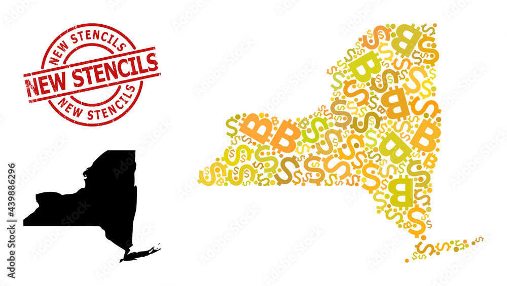 Textured New Stencils stamp seal, and finance mosaic map of New York ...