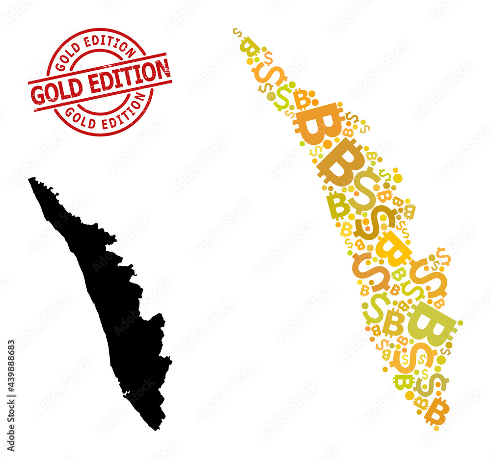 Rubber Gold Edition stamp seal, and finance collage map of Kerala State ...