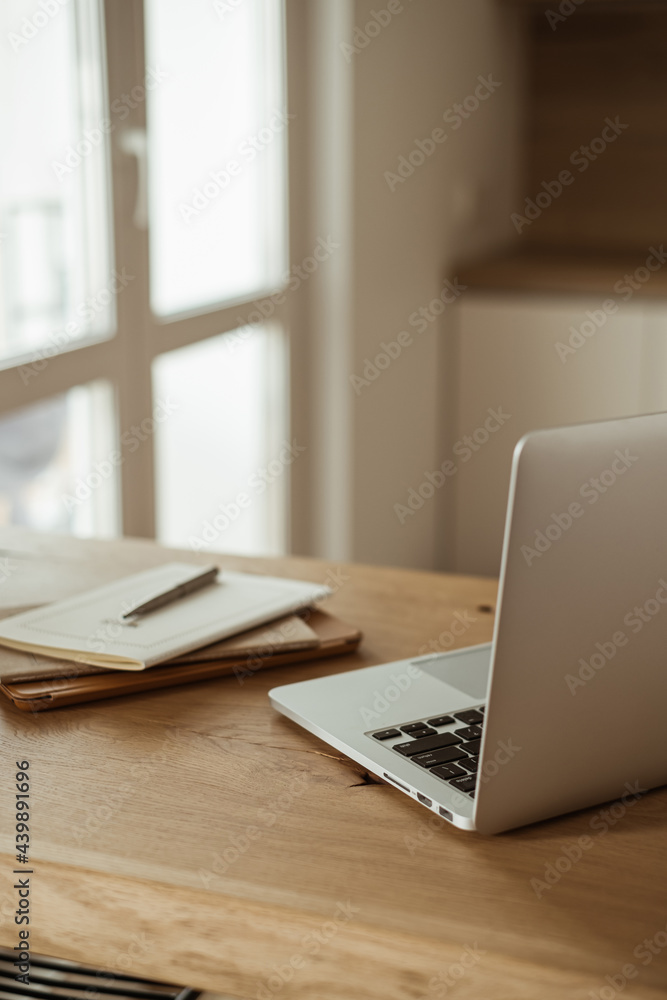 Working at home concept. Aesthetic minimalist workspace background ...