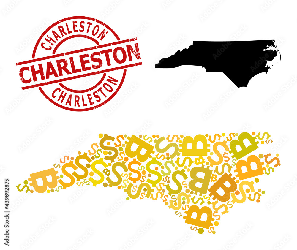 Textured Charleston stamp, and money collage map of North Carolina ...