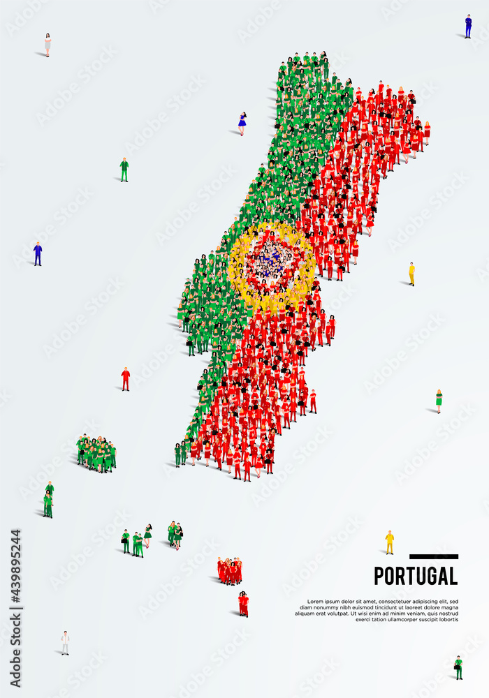 Portugal Map and Flag. A large group of people in the Portuguese flag ...