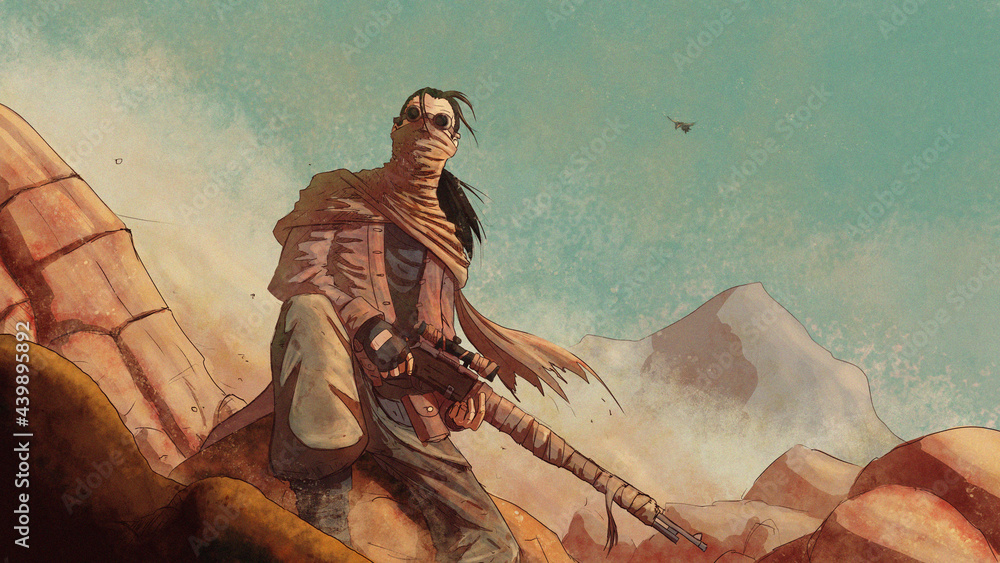 Masked post apocalyptic sniper with a rifle sits on a rock in the ...