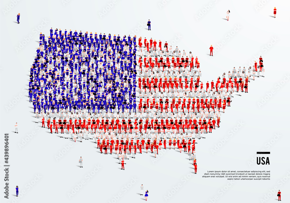 USA or America Map and Flag. A large group of people in the United ...