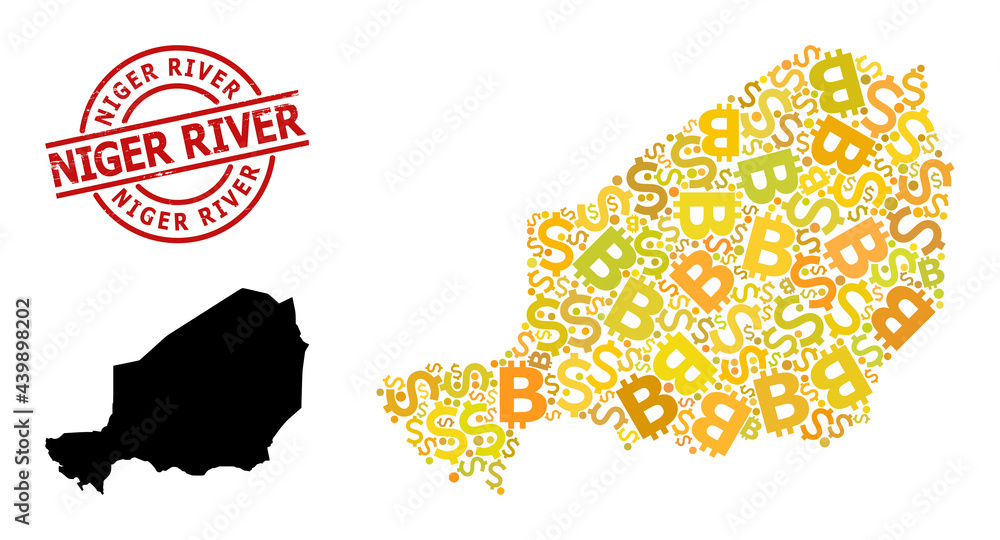 Grunge Niger River stamp seal, and banking mosaic map of Niger. Red ...