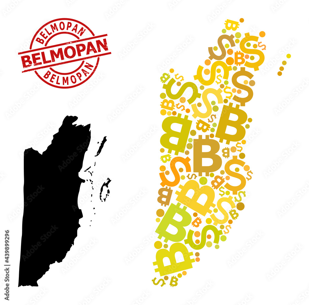 Distress Belmopan stamp seal, and money collage map of Belize. Red ...