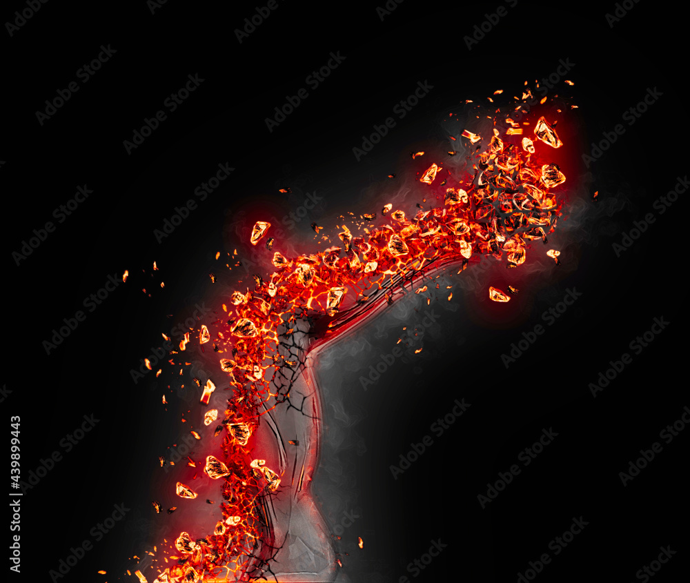 Muscular fiery arm, lava effect, lapilli and burning embers. Fury ...
