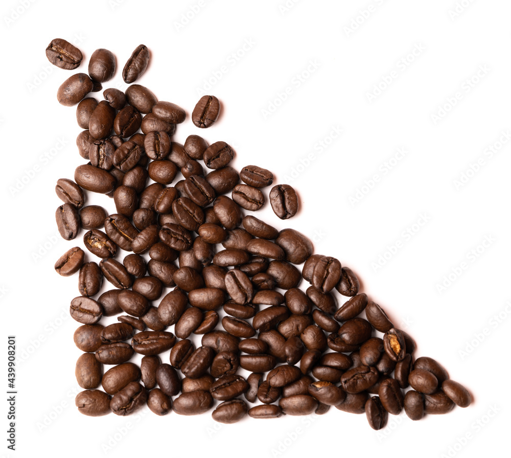 Coffee beans, dark-roast, organic in a triangle shape, isolated on ...