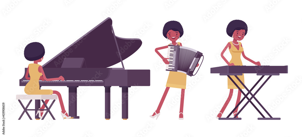Musician, jazz, rock and roll african woman playing keyboard ...