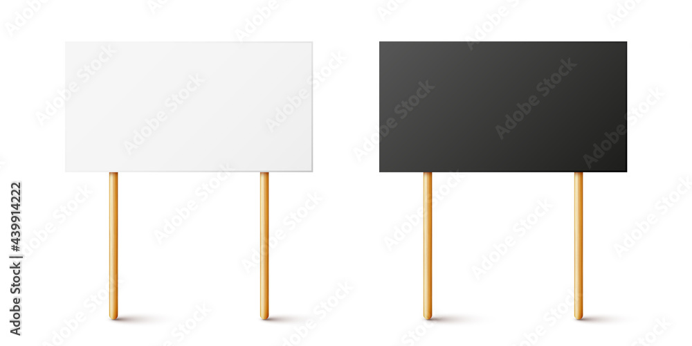 Blank black and white protest signs with wooden holder. Realistic ...