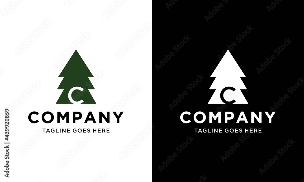 letter C initial and negative space pine tree logo icon vector ...