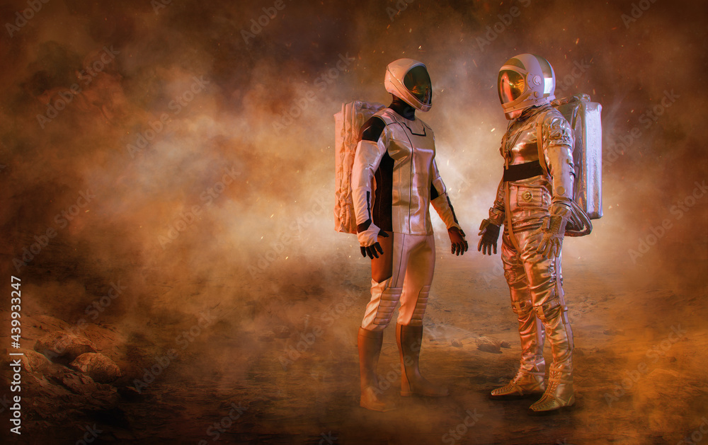Astronauts wearing space suits on the red Mars planet. 3D image of ...