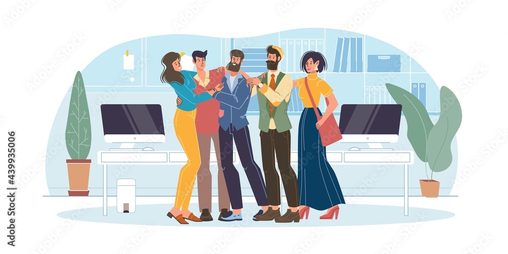 Vector cartoon flat characters friends happy hugging each other ...