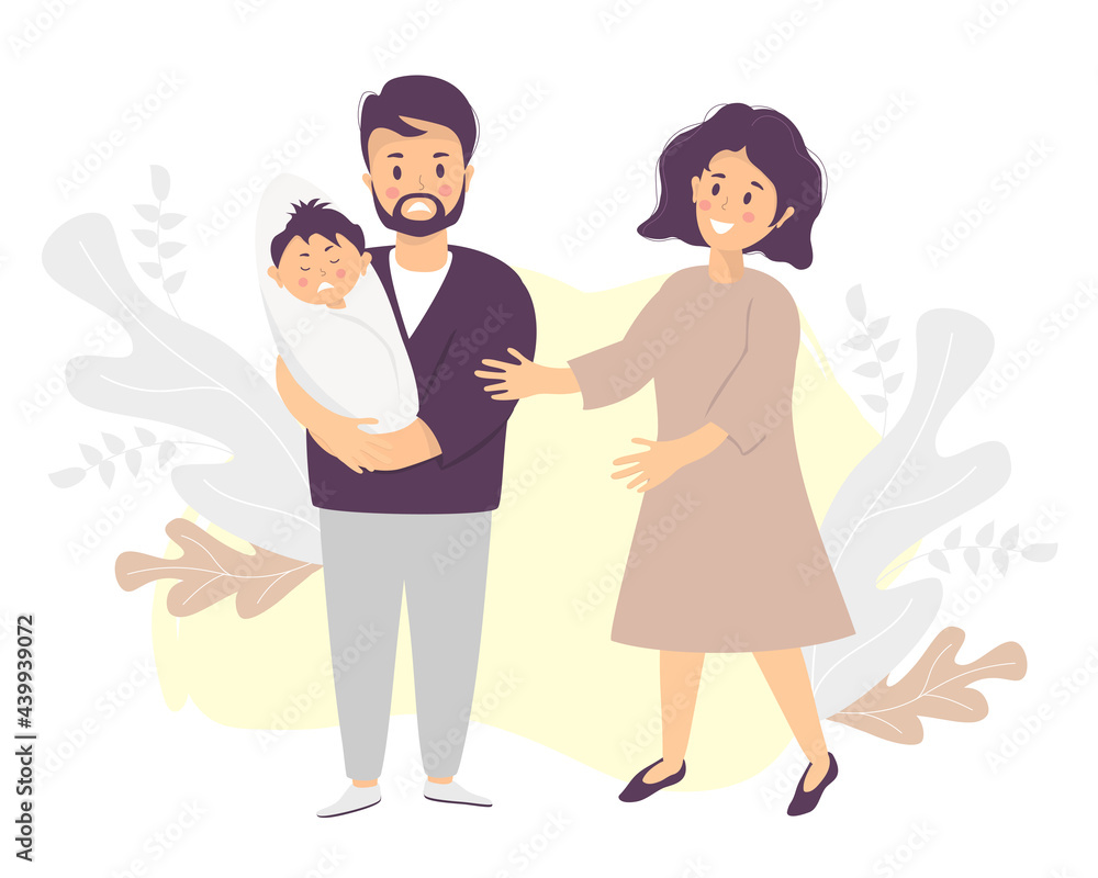 Family life and emotions concept. A sad man holds a crying baby in his ...