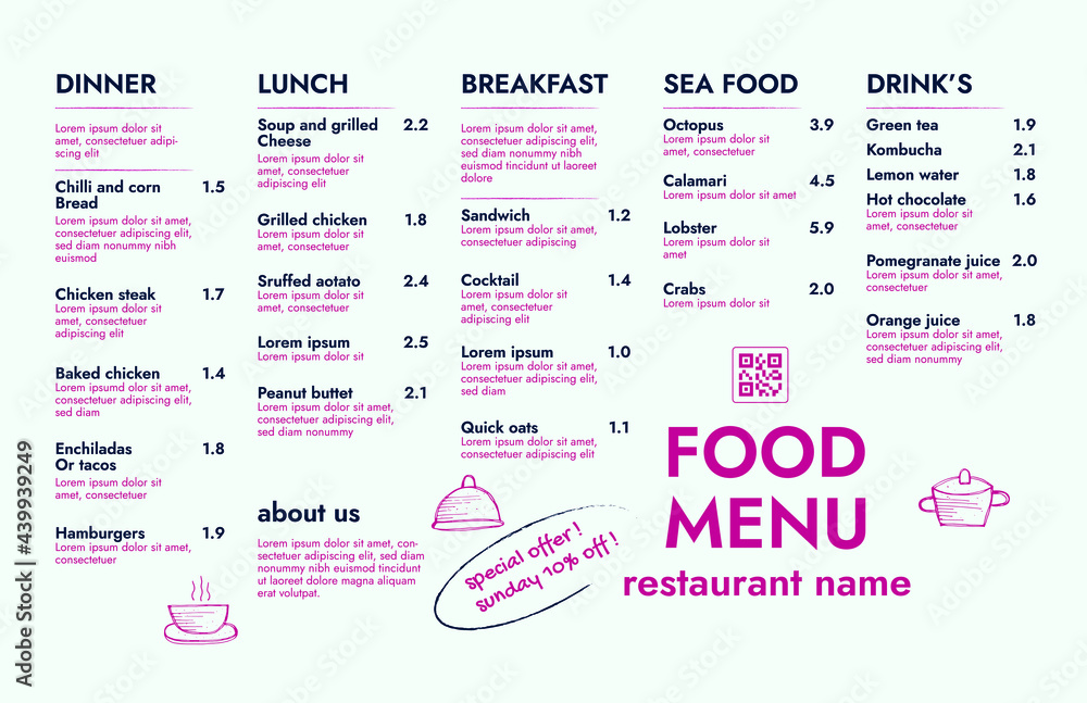 Restaurant cafe menu, template design. Single page food menu template ...