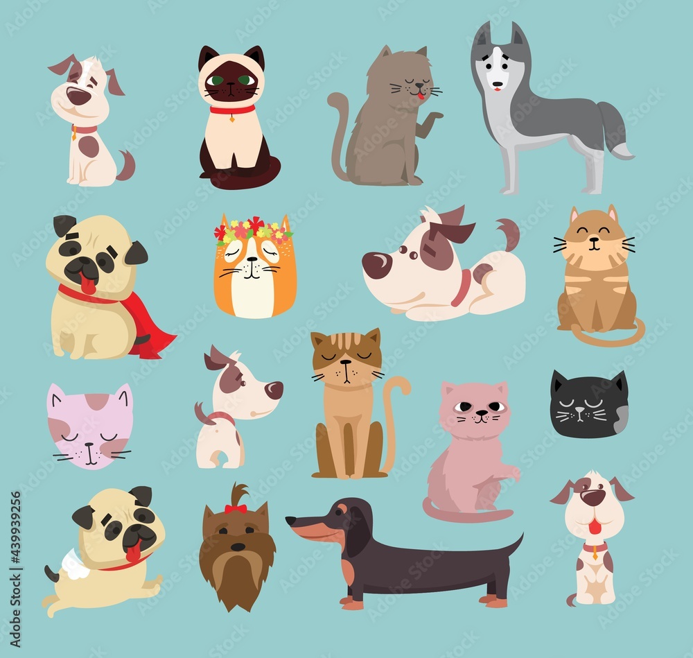 Vector illustration set of cute and funny cartoon pet characters ...