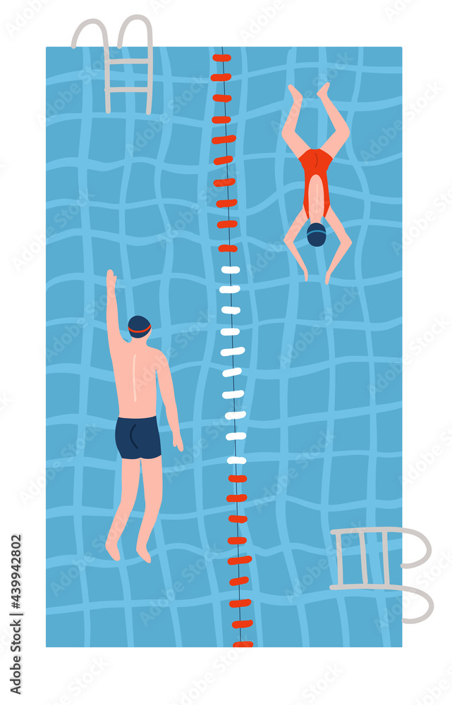 People in swimsuits swiming in the pools. Swimming pool top view flat ...