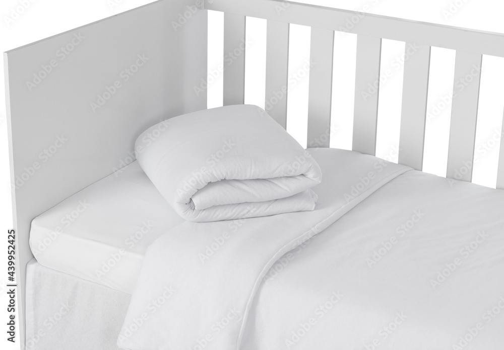 White Baby Crib Isolated on White Background. Duvet Detail Stock Photo ...