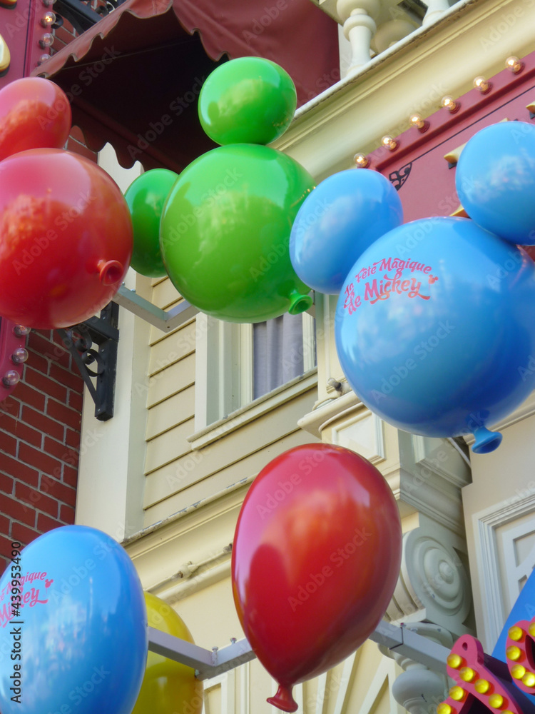 Colorful balloons in the shape of Mickey Mouse. Disneyland Paris. Euro ...