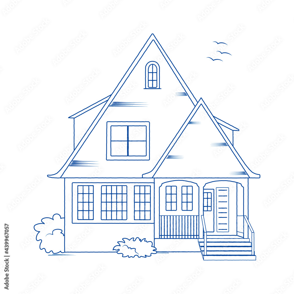 Blue color outline architectural sketch of a detached family house with ...