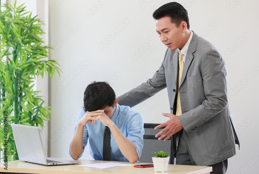 Senior Asain businessman soothing young employee who feeling stressed ...