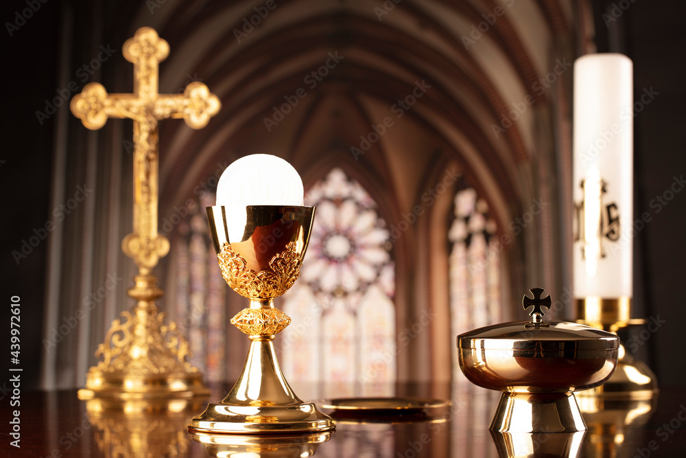 First Holy Communion. Catholic religion theme. Crucifix, the Cross and ...