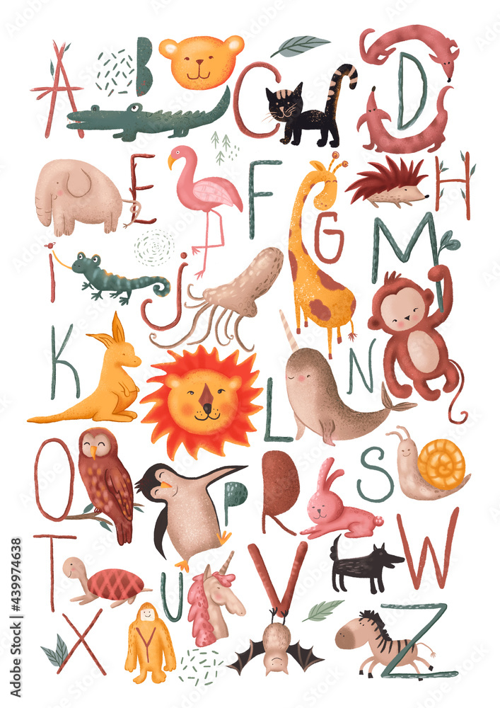 English alphabet with cute animals illustrations set. Isolated capital ...