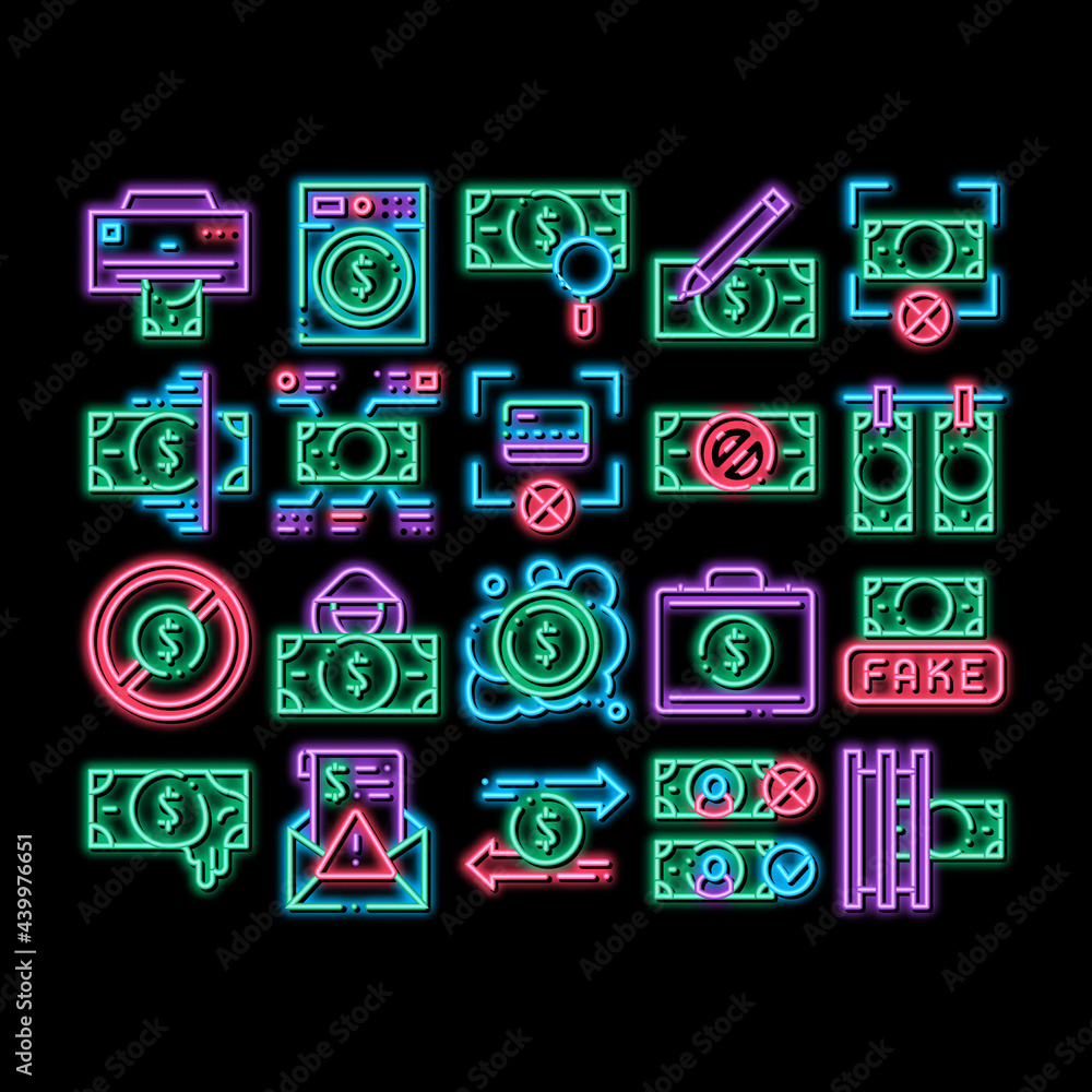Fake Money Elements neon light sign vector. Glowing bright icon Bandit ...