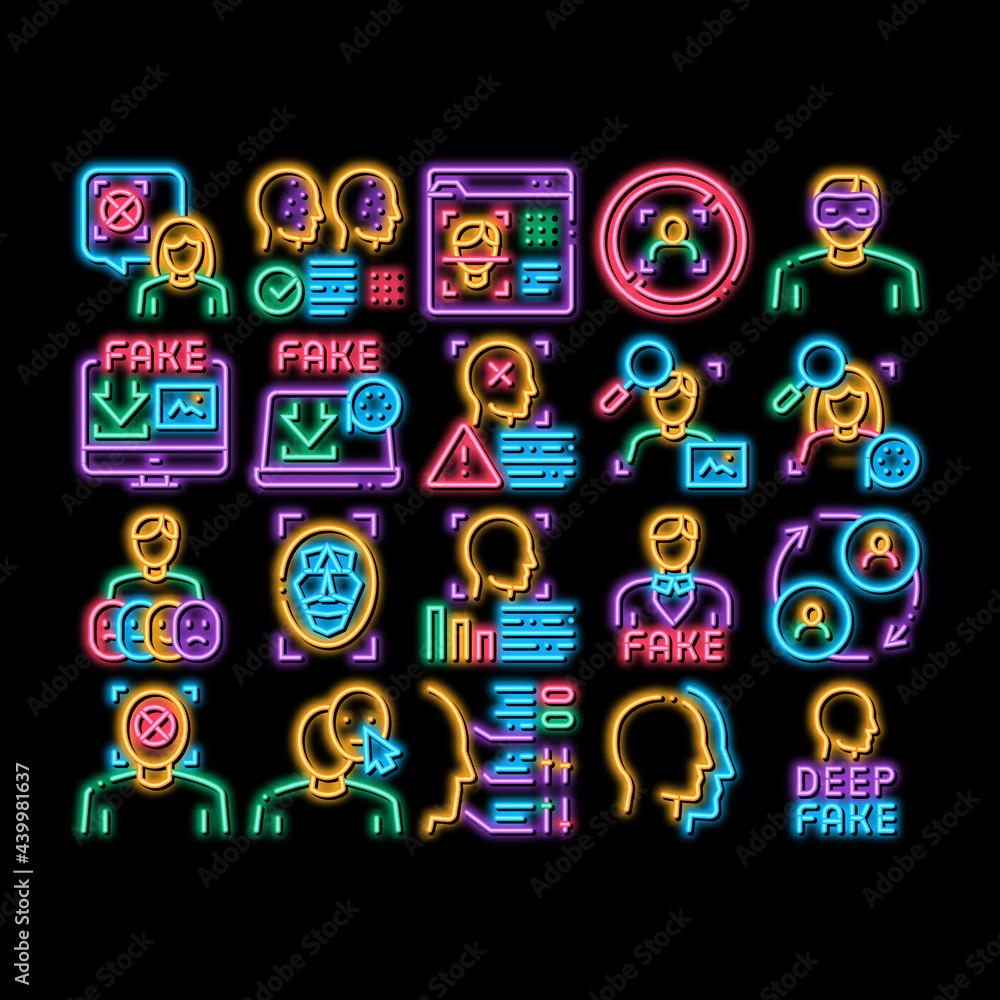 Deepfake Face Fake neon light sign vector. Glowing bright icon Human ...