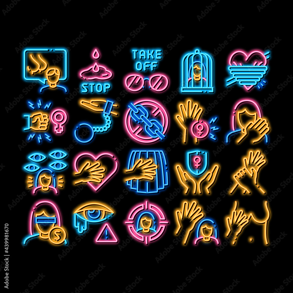 Sexual Harassment neon light sign vector. Glowing bright icon Victim ...
