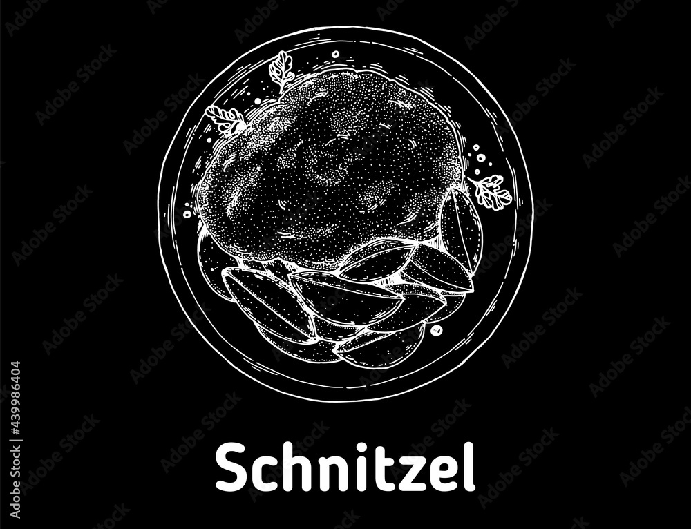 German schnitzel hand drawn vector illustration. Schnitzel top view ...