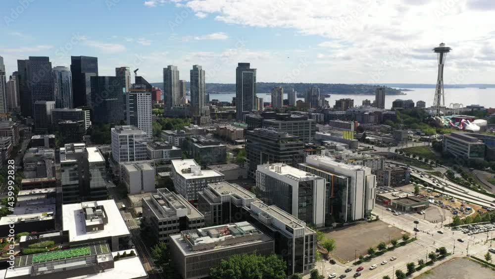 Cinematic 4K bird's-eye drone dolly clip of downtown Seattle, Uptown ...