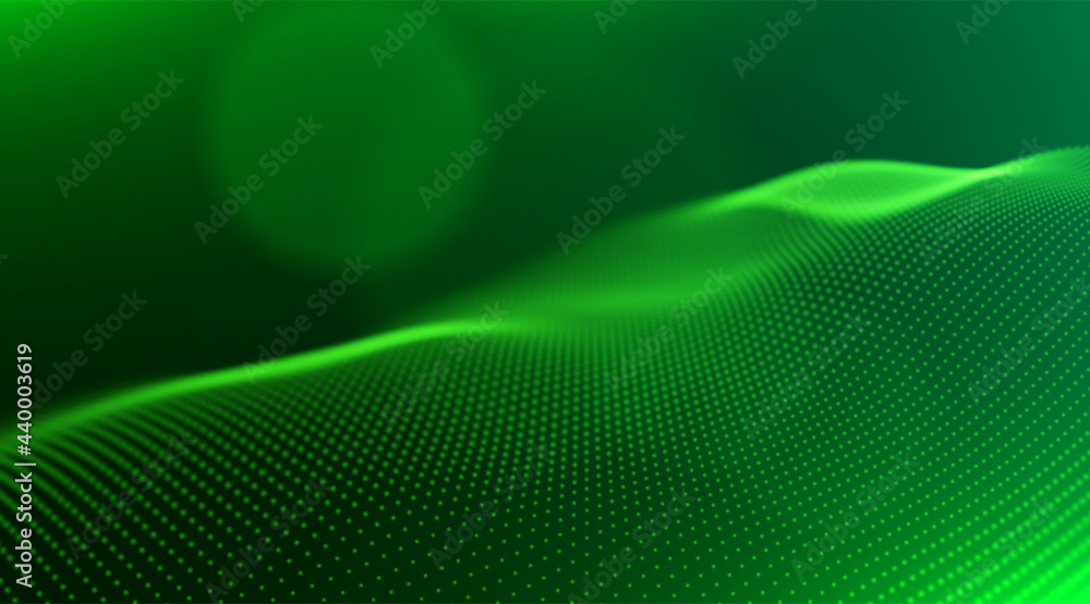 Wave of green particles. Abstract technology flow background. Sound ...