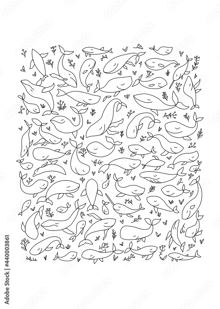 Whales black outline, marine wild animal, vector cartoon illustration ...