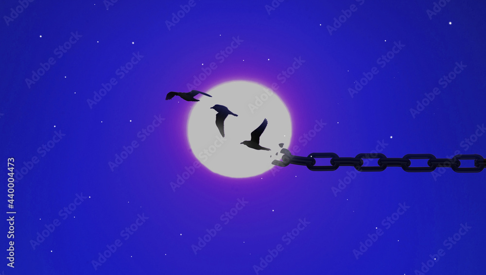 World freedom day concept: Birds broken chains flying Away at Night ...