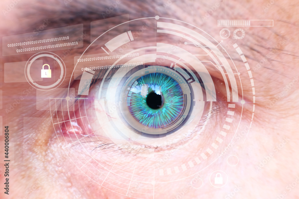 Human eye recognition face ID scanning process. Close up of eye man ...