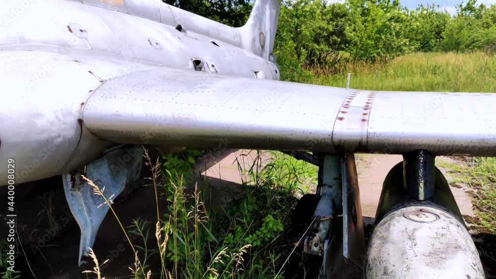 A close-up of an old wrecked passenger plane that has been ...