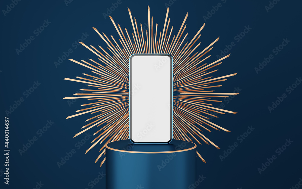 Blue mobile phone on cylinder podium with gold border and spiked halo ...