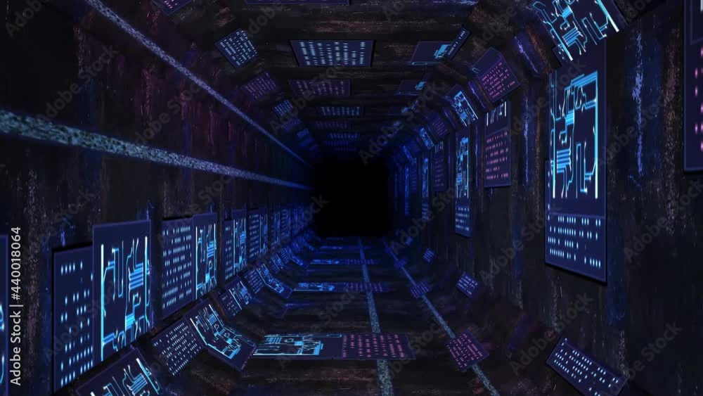 Abstract technological background 3D animation, moving through a ...