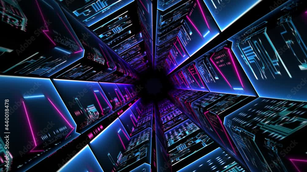 Abstract technological background 3D animation, moving through a ...