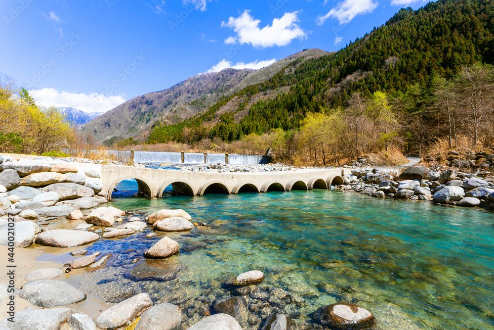 Takahara River in Toyama prefecture near Shin Hotaka Ropeway. Stock ...
