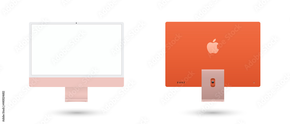 New iMac computer. iMac 2021 desktop. Front and side. Apple computer in ...