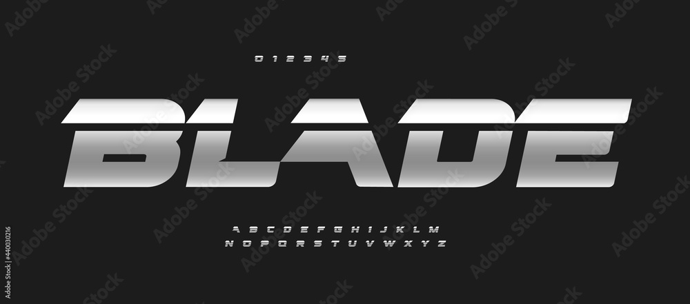 Blade alphabet bold italic font letters. Auto logo typography, iron ...