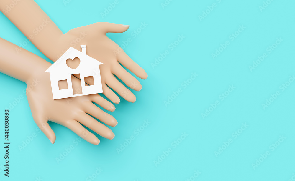 cartoon hands holding paper house isolated on blue background with copy ...