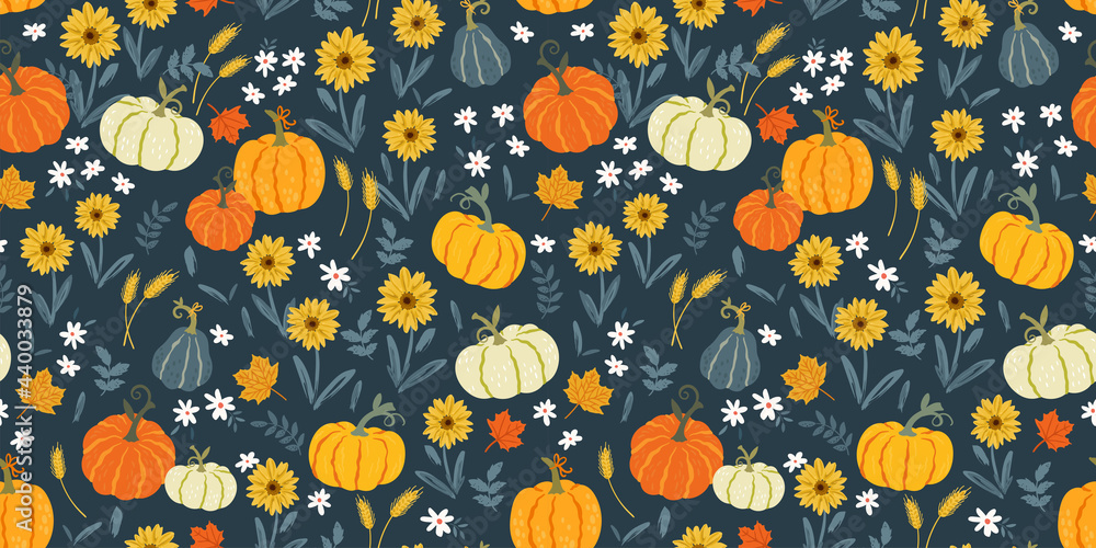 Lovely hand drawn Thanksgiving seamless pattern with pumpkins and ...