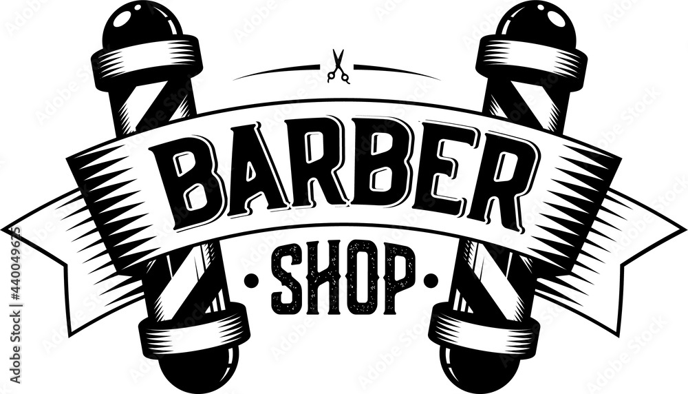 Barber skull logo, scissors, comb knife, shaving brush, hair salon ...