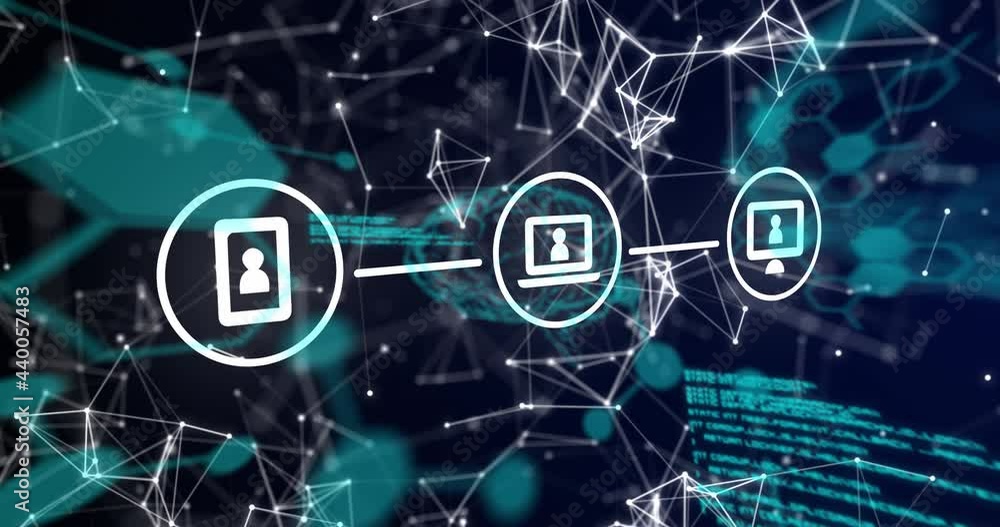 Animation of connected digital communication media icons with network ...