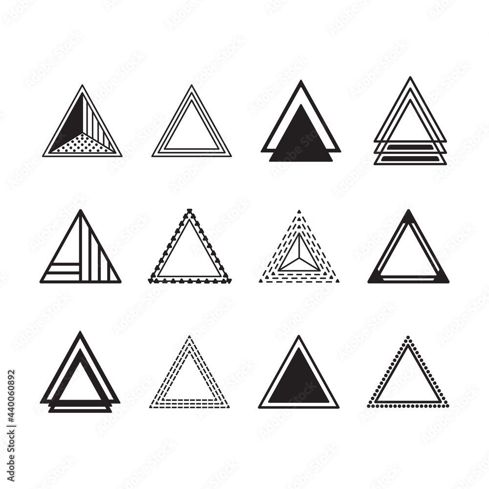 Black silhouette and line equilateral triangles motifs and icons set on ...