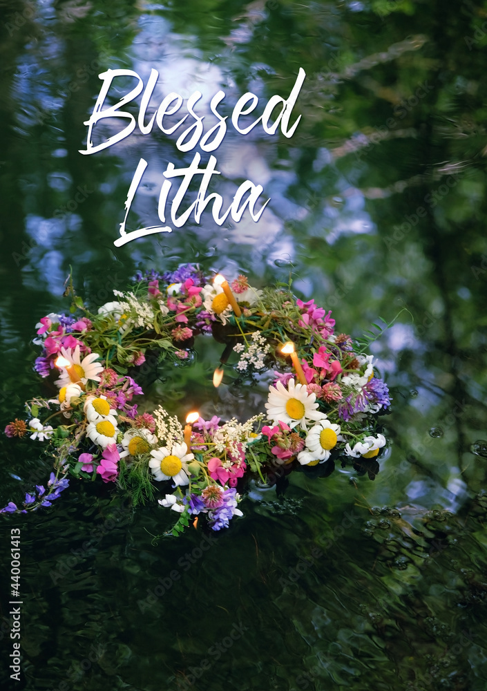Blessed Litha. flowers wreath with burning candles in water. old ...